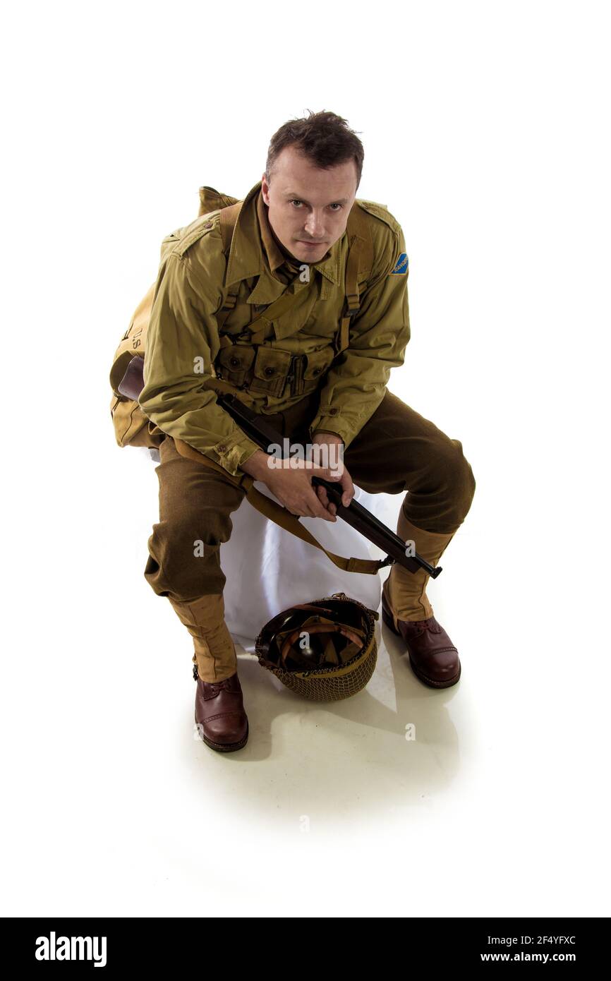 Male actor in military uniform of American ranger of World War II ...