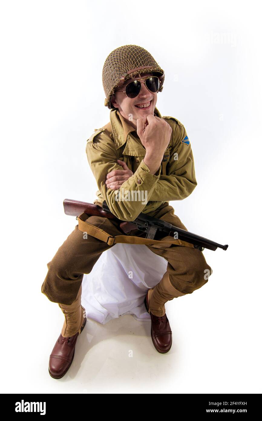 Male actor in military uniform of American ranger of World War II ...