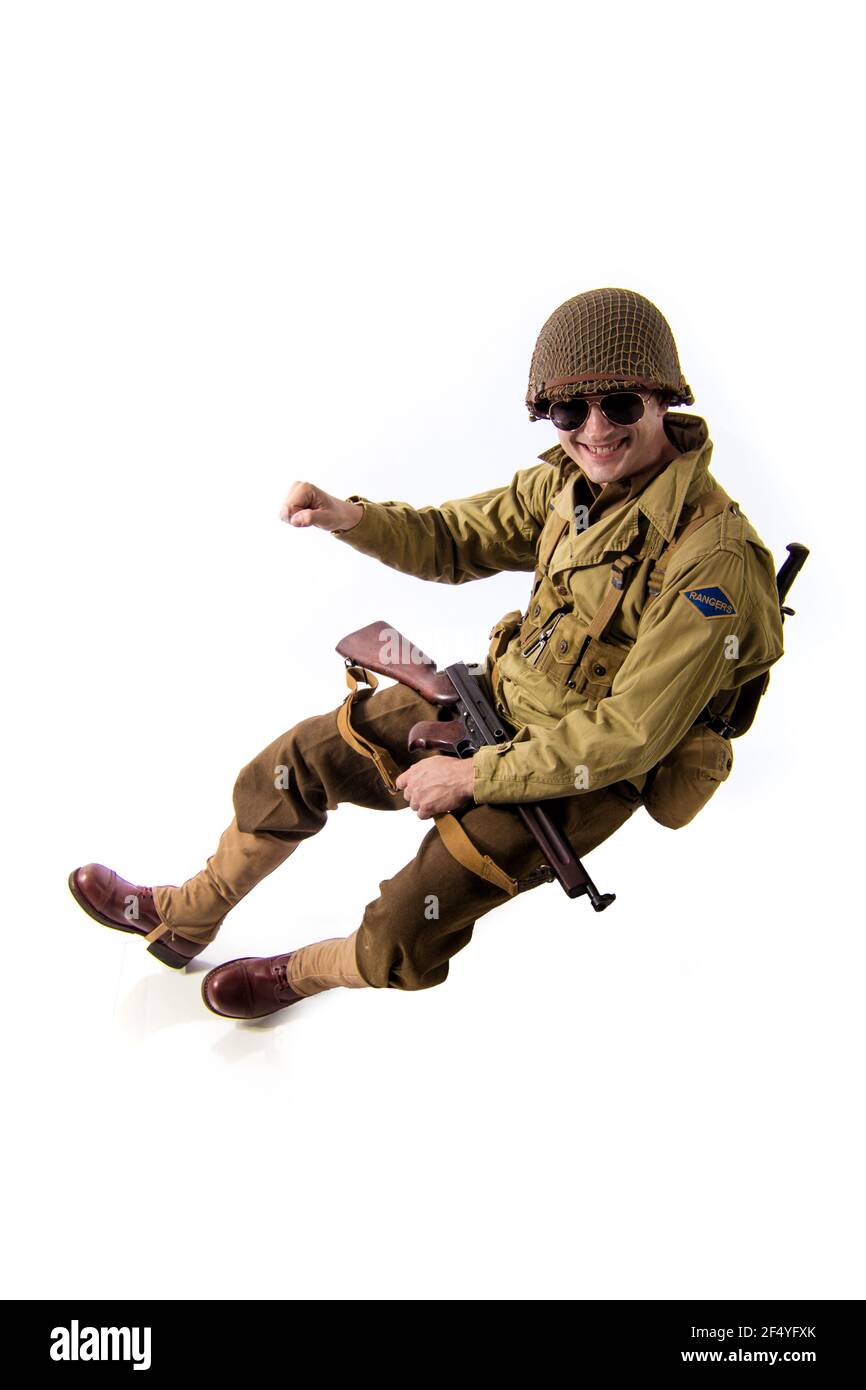 Male actor in military uniform of American ranger of World War II ...