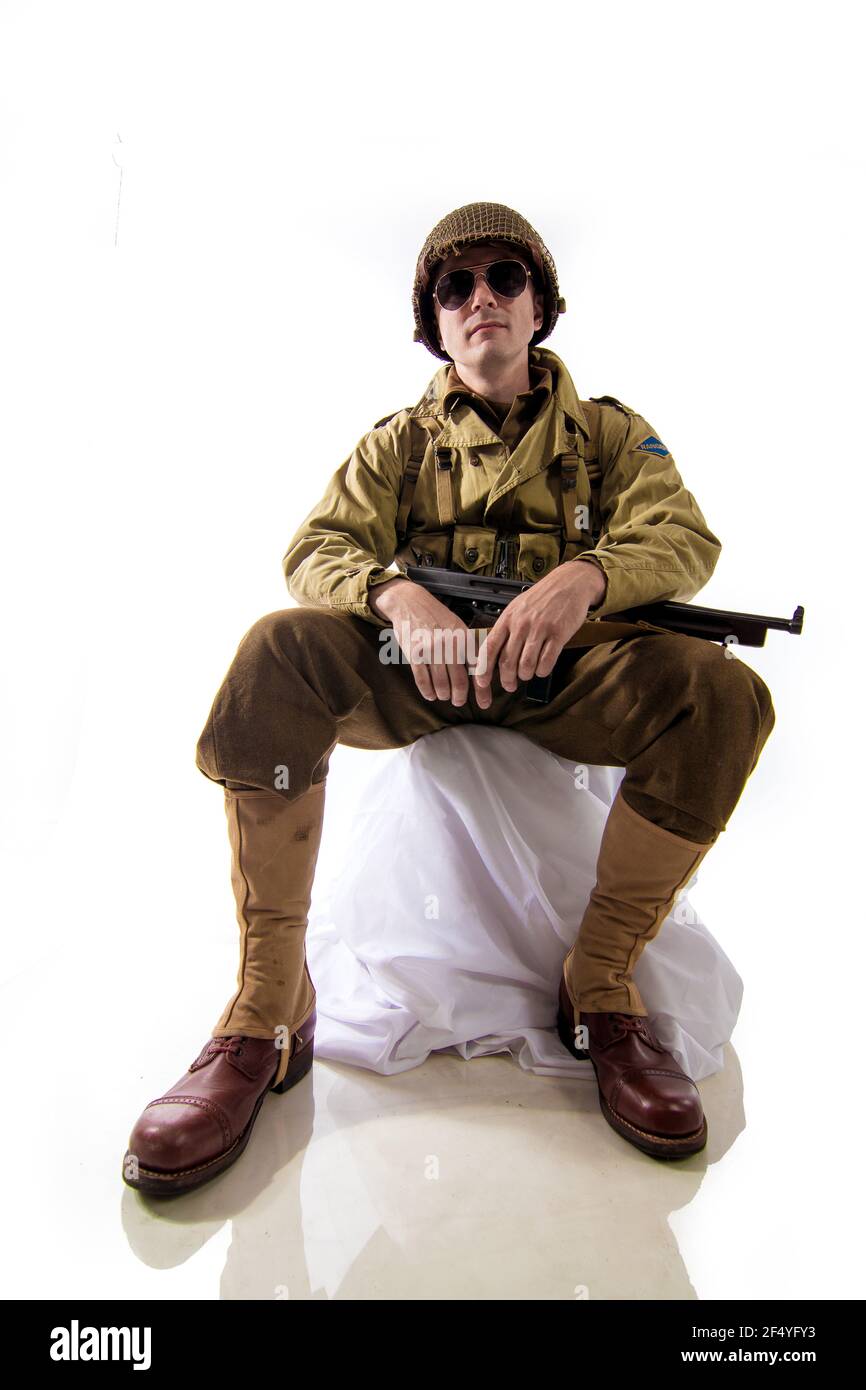 Male actor in military uniform of American ranger of World War II ...