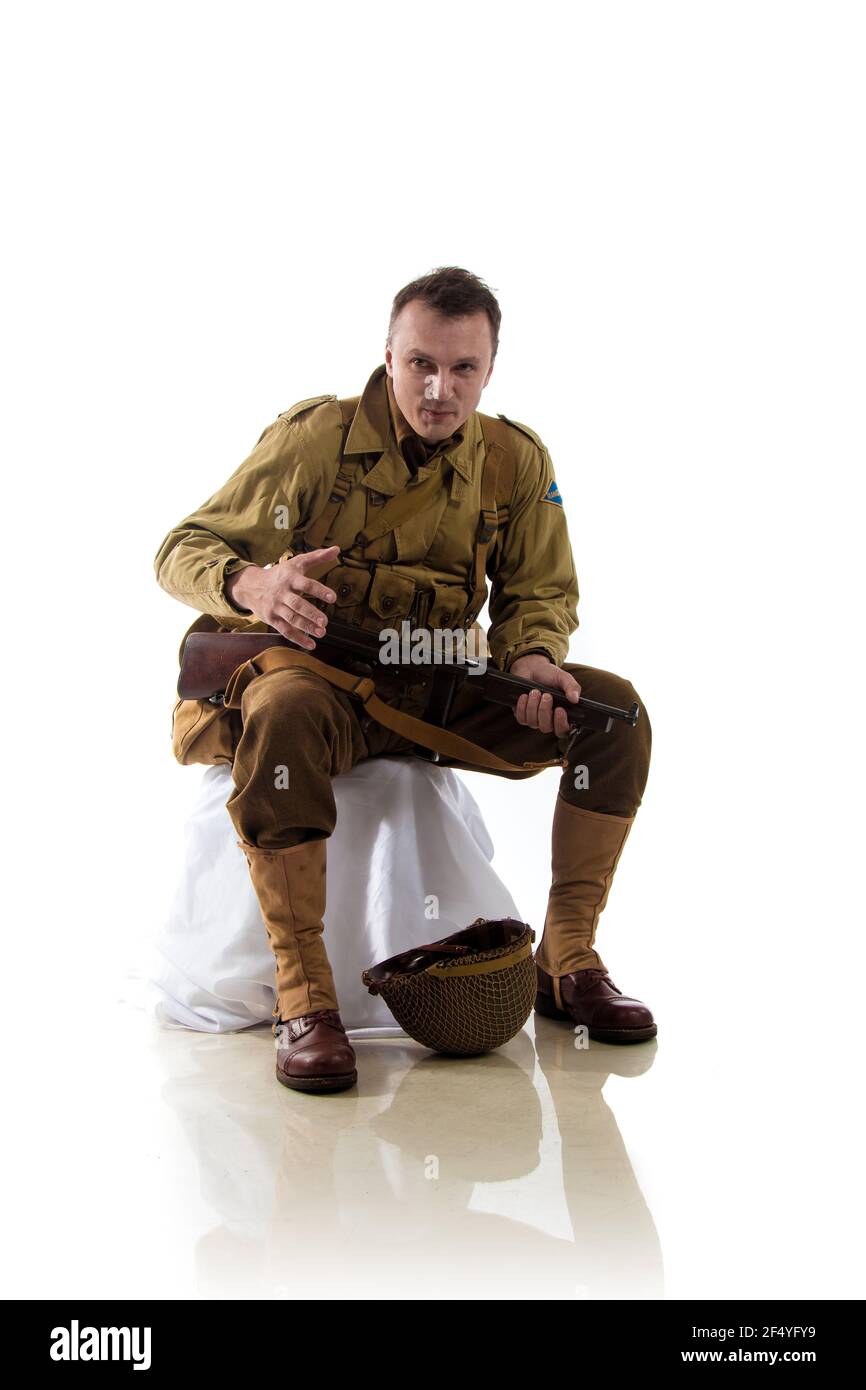 Male actor in military uniform of American ranger of World War II ...