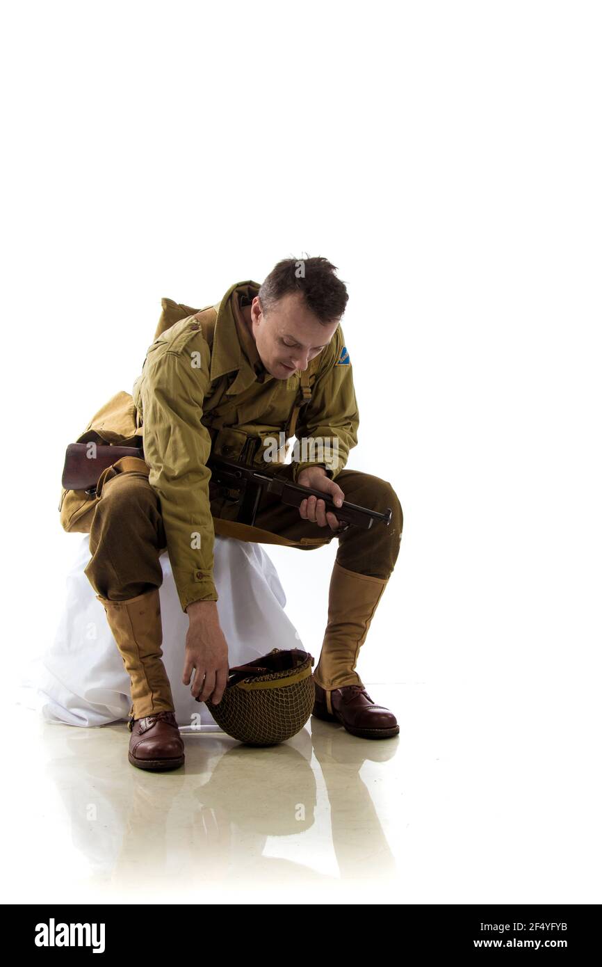 Male actor in military uniform of American ranger of World War II ...