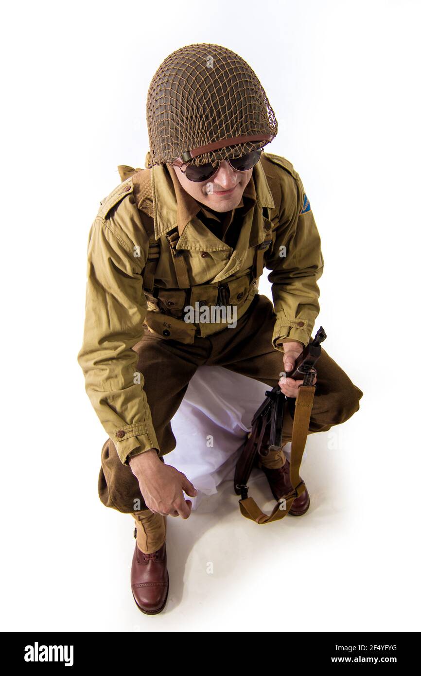 Man actor in military uniform of American ranger of World War II period ...