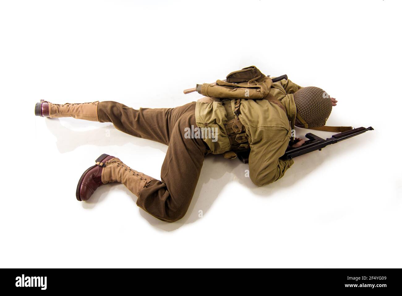 Man actor in military uniform of American ranger of World War II period ...