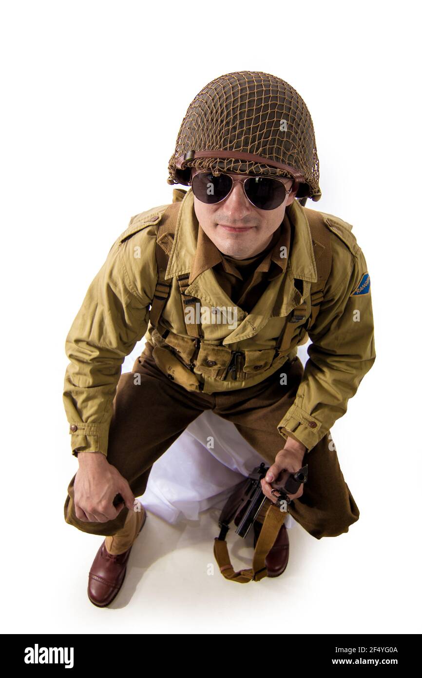 Man actor in military uniform of American ranger of World War II period ...