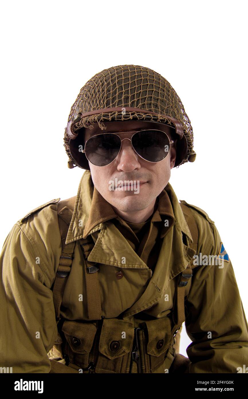 Man actor in military uniform of American ranger of World War II period ...