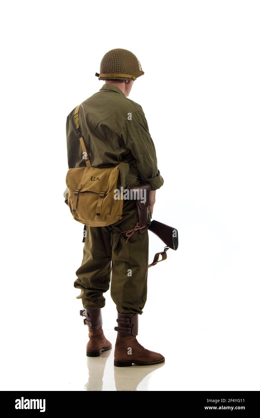 Male actor in military uniform of American ranger of World War II ...