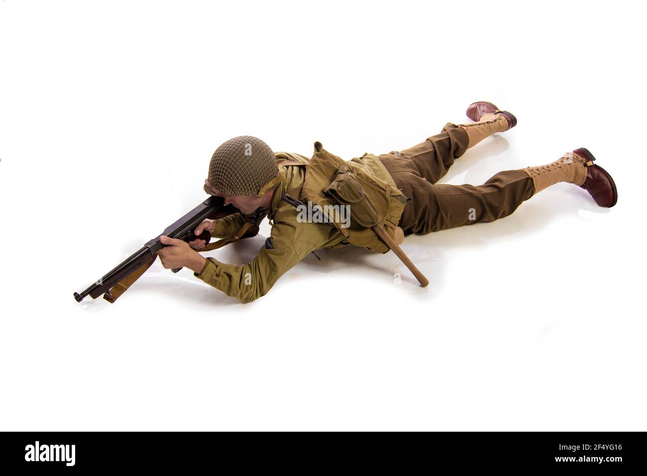 Man actor in military uniform of American ranger of World War II period ...