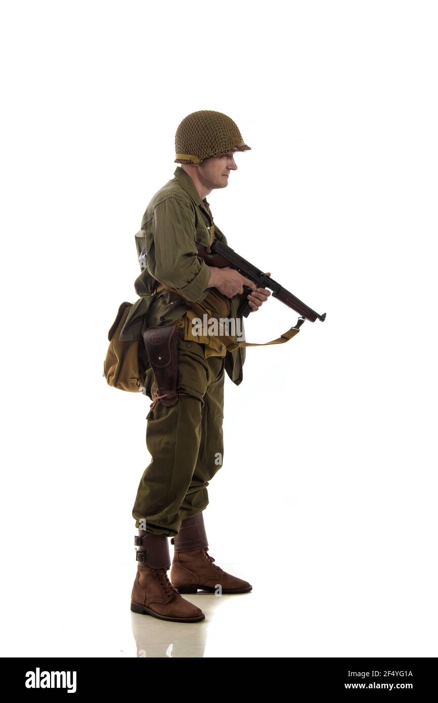 Man actor in military uniform of American ranger of World War II period ...