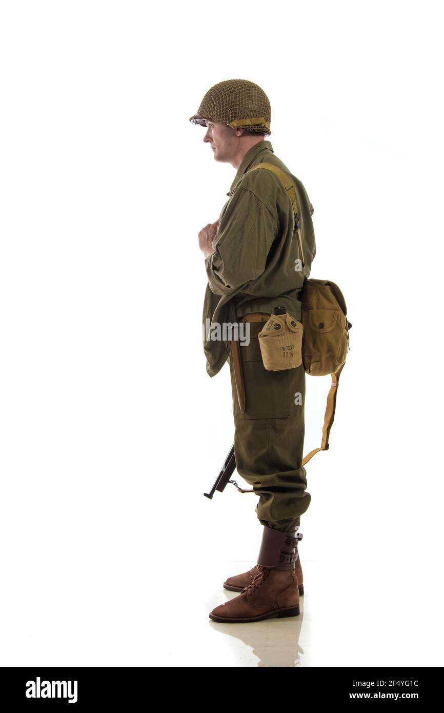 Man actor in military uniform of American ranger of World War II period ...