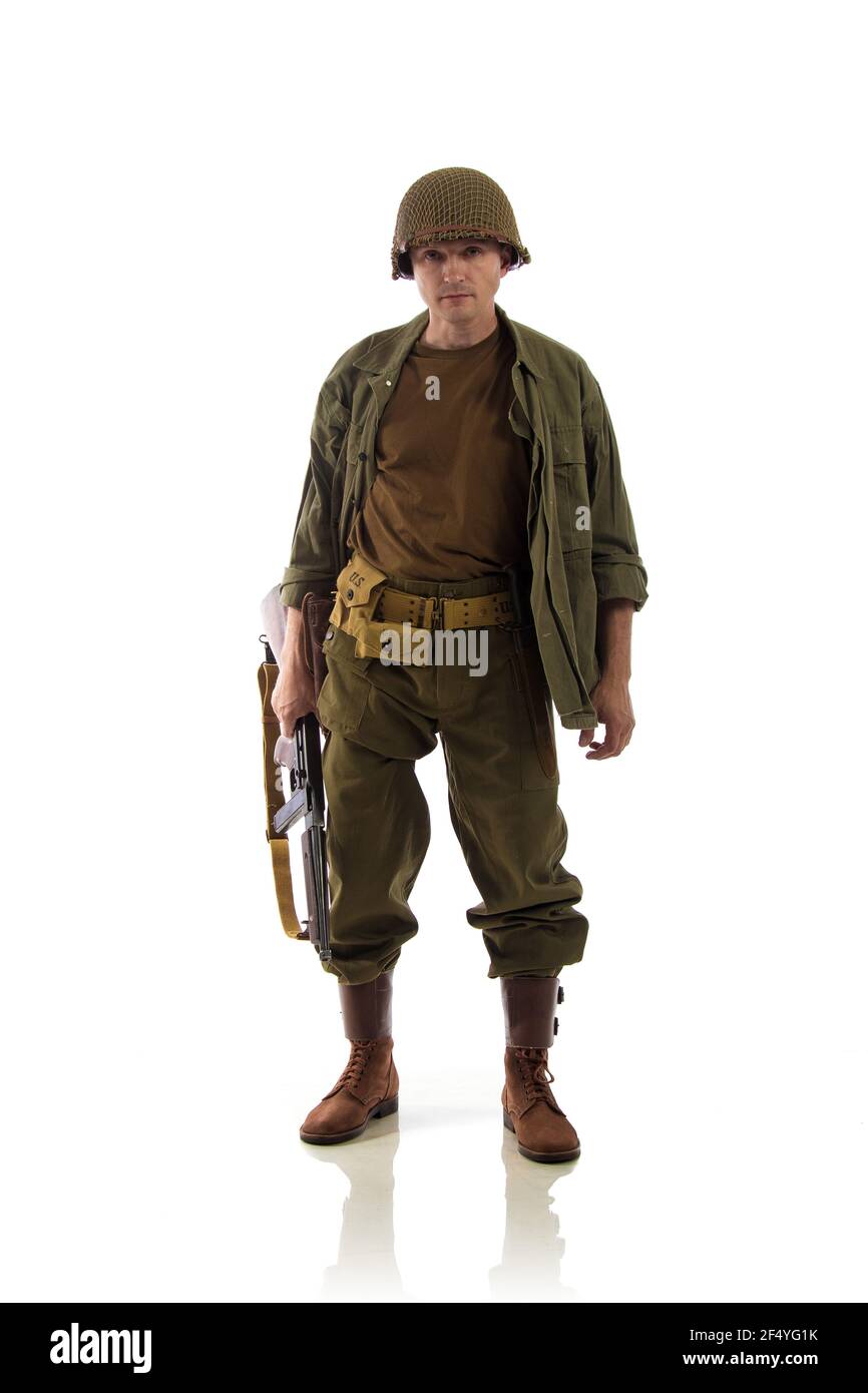 Male actor in military uniform of American ranger of World War II ...