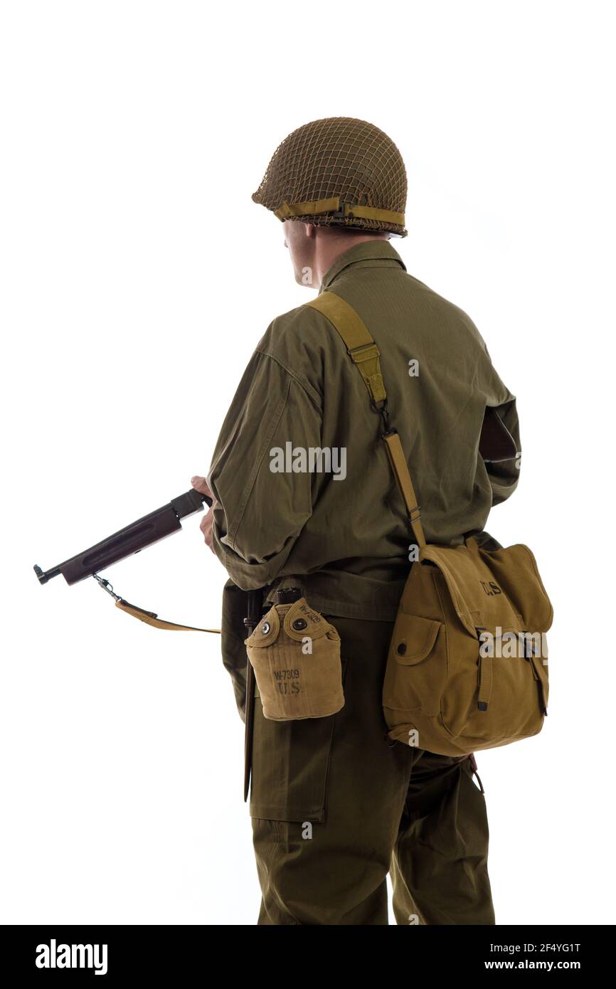 Man actor in military uniform of American ranger of World War II period ...