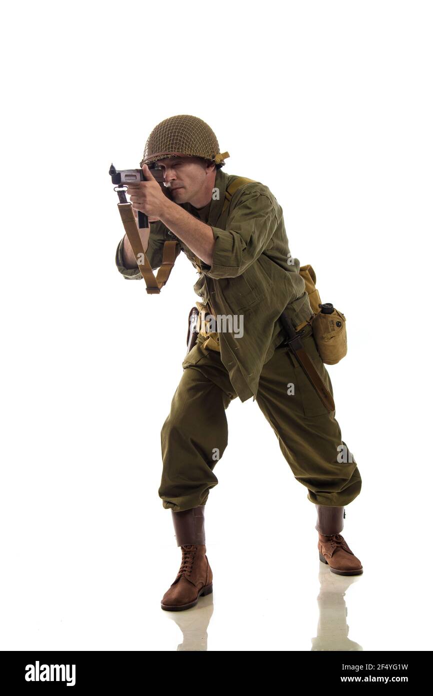 Man actor in military uniform of American ranger of World War II period ...