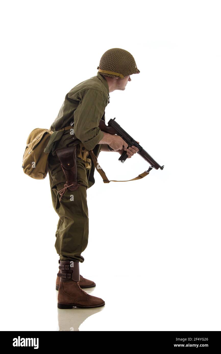 Male actor in military uniform of American ranger of World War II ...