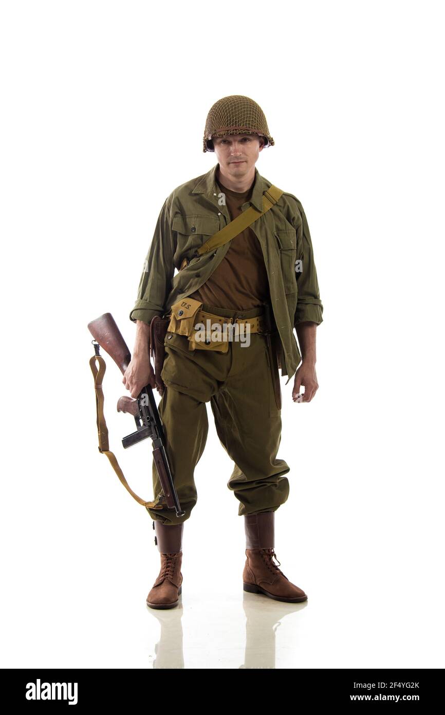 Man actor in military uniform of American ranger of World War II period ...