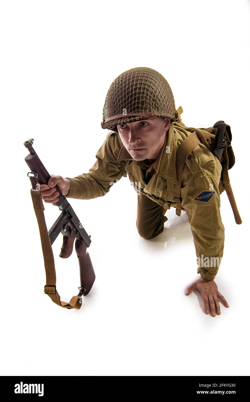 Man actor in military uniform of American ranger of World War II period ...