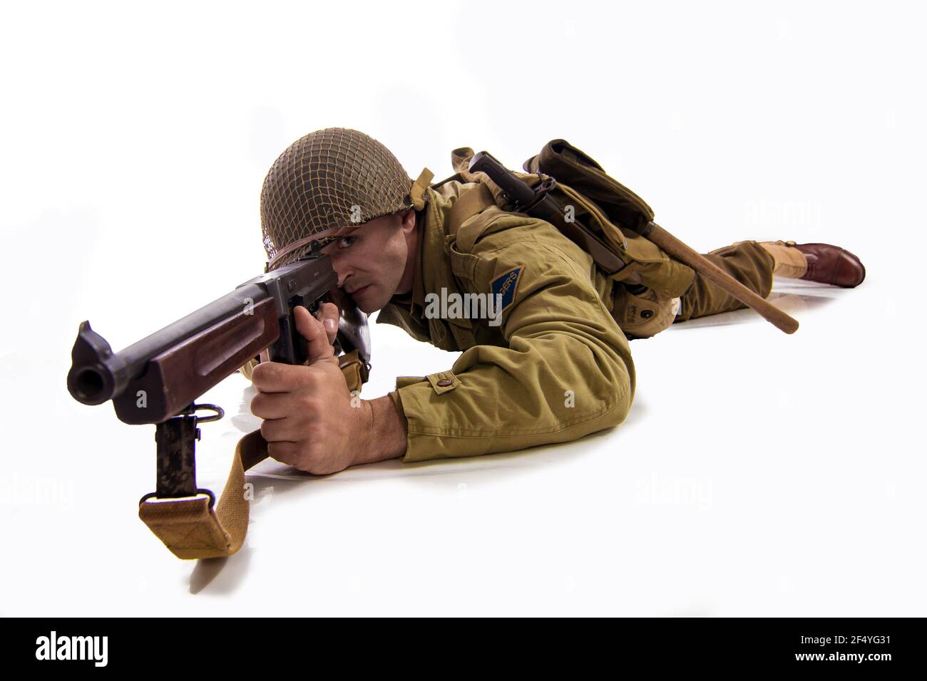 Male actor in military uniform of American ranger of World War II ...