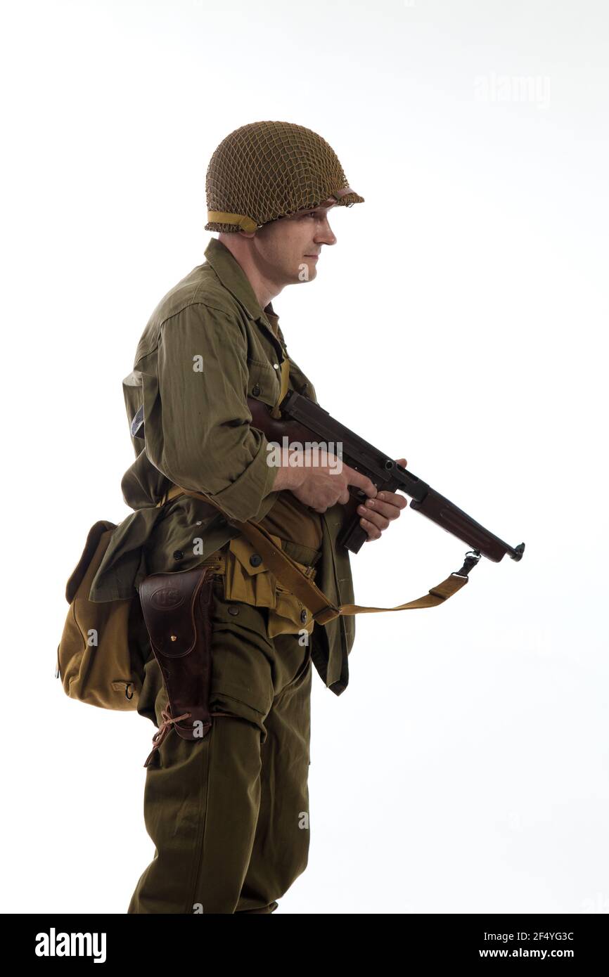 Man actor in military uniform of American ranger of World War II period ...