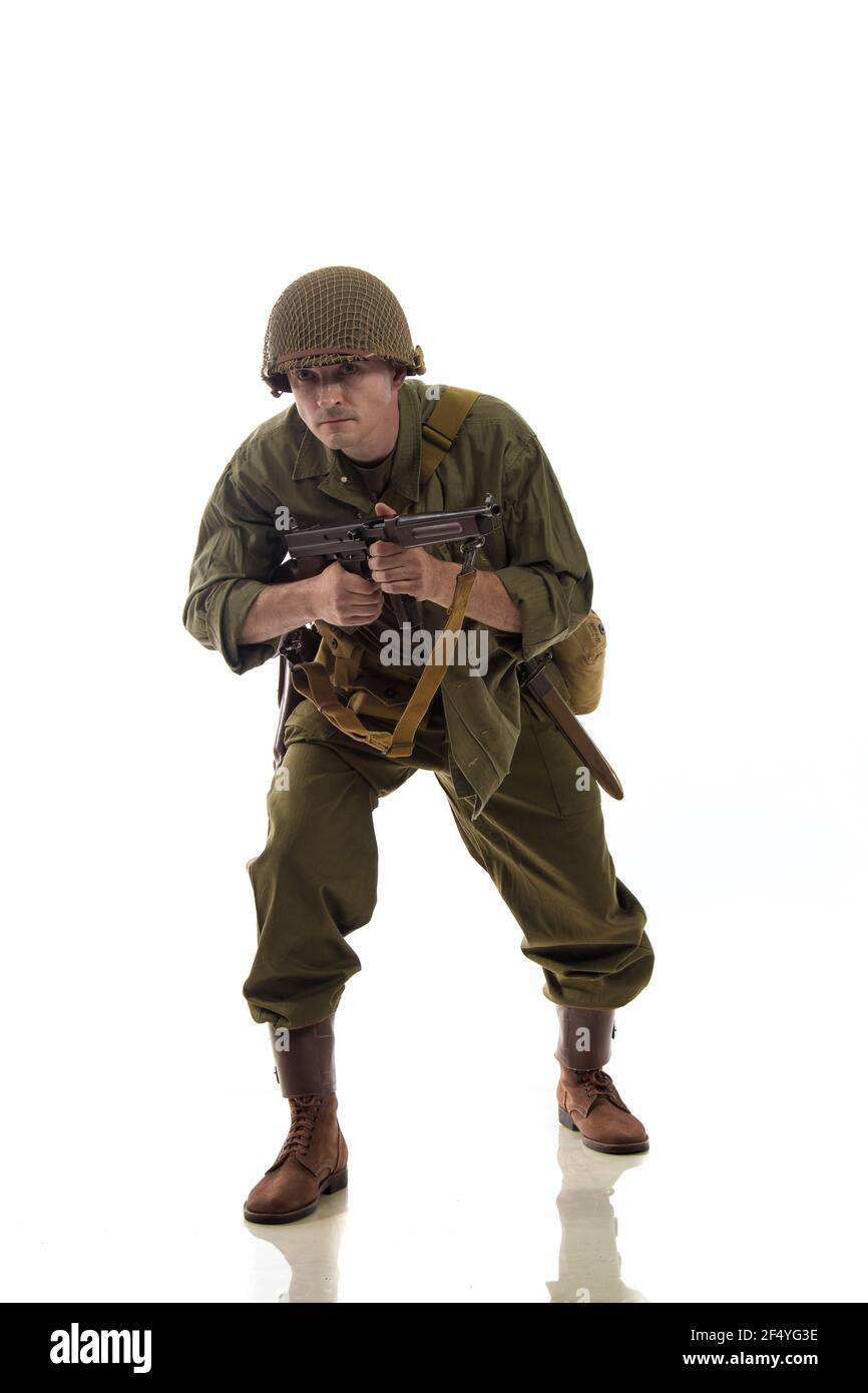 Man actor in military uniform of American ranger of World War II period ...