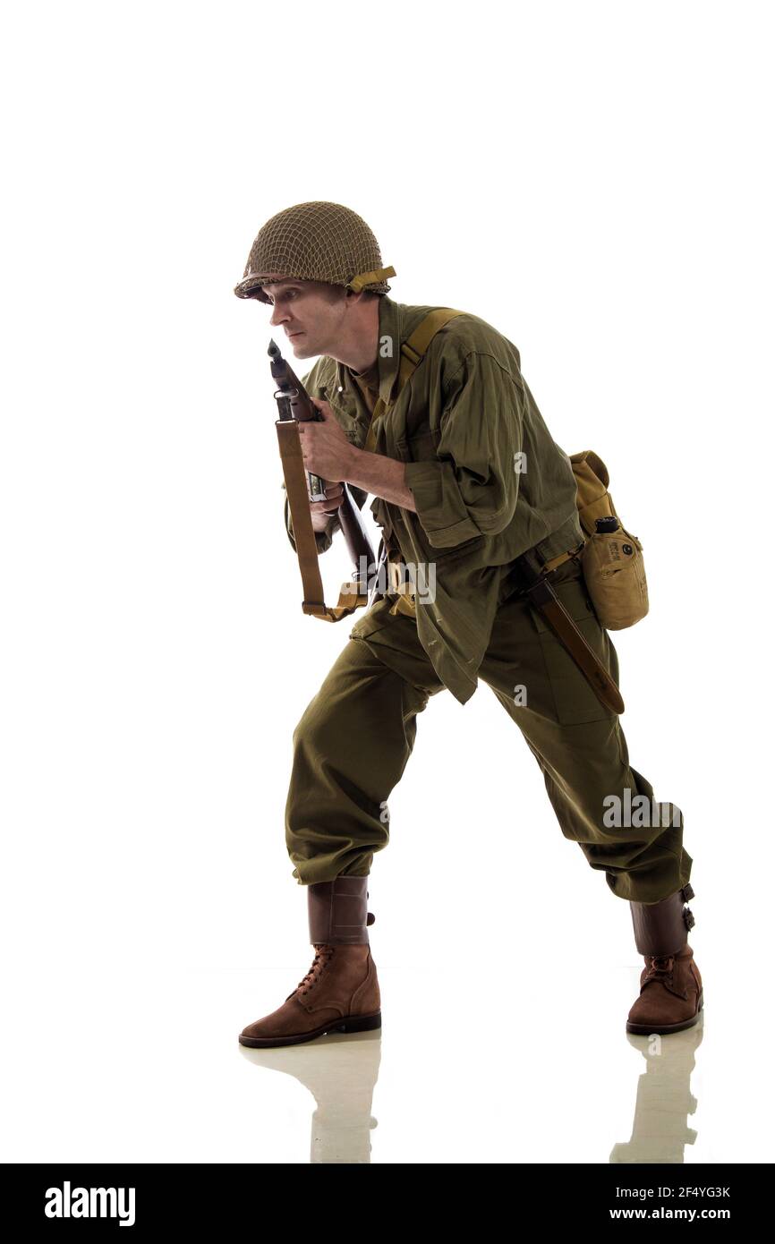 Man actor in military uniform of American ranger of World War II period ...