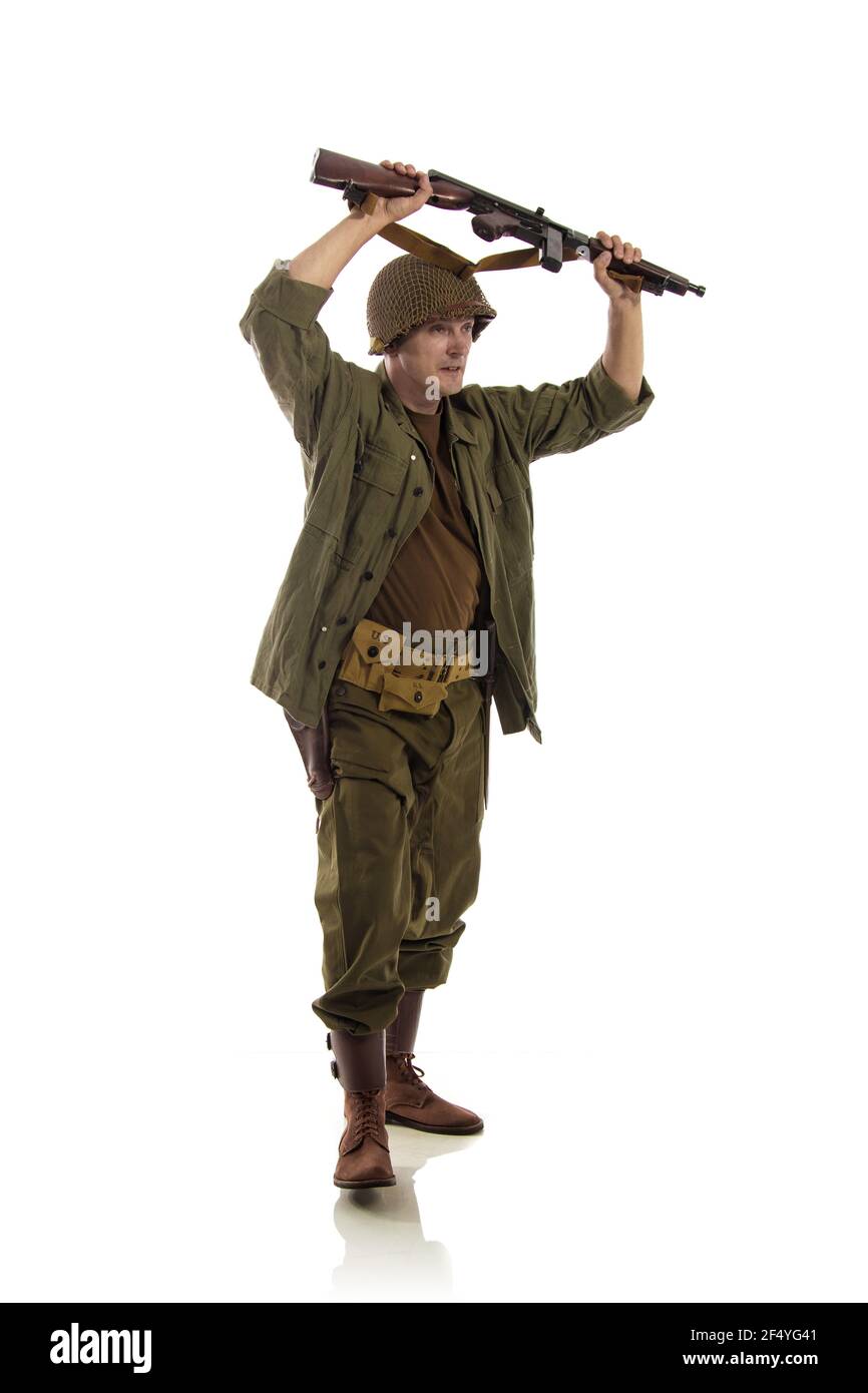 Male actor in military uniform of American ranger of World War II ...