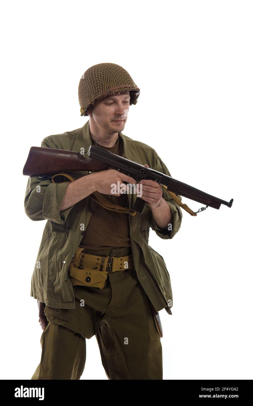 Man actor in military uniform of American ranger of World War II period ...