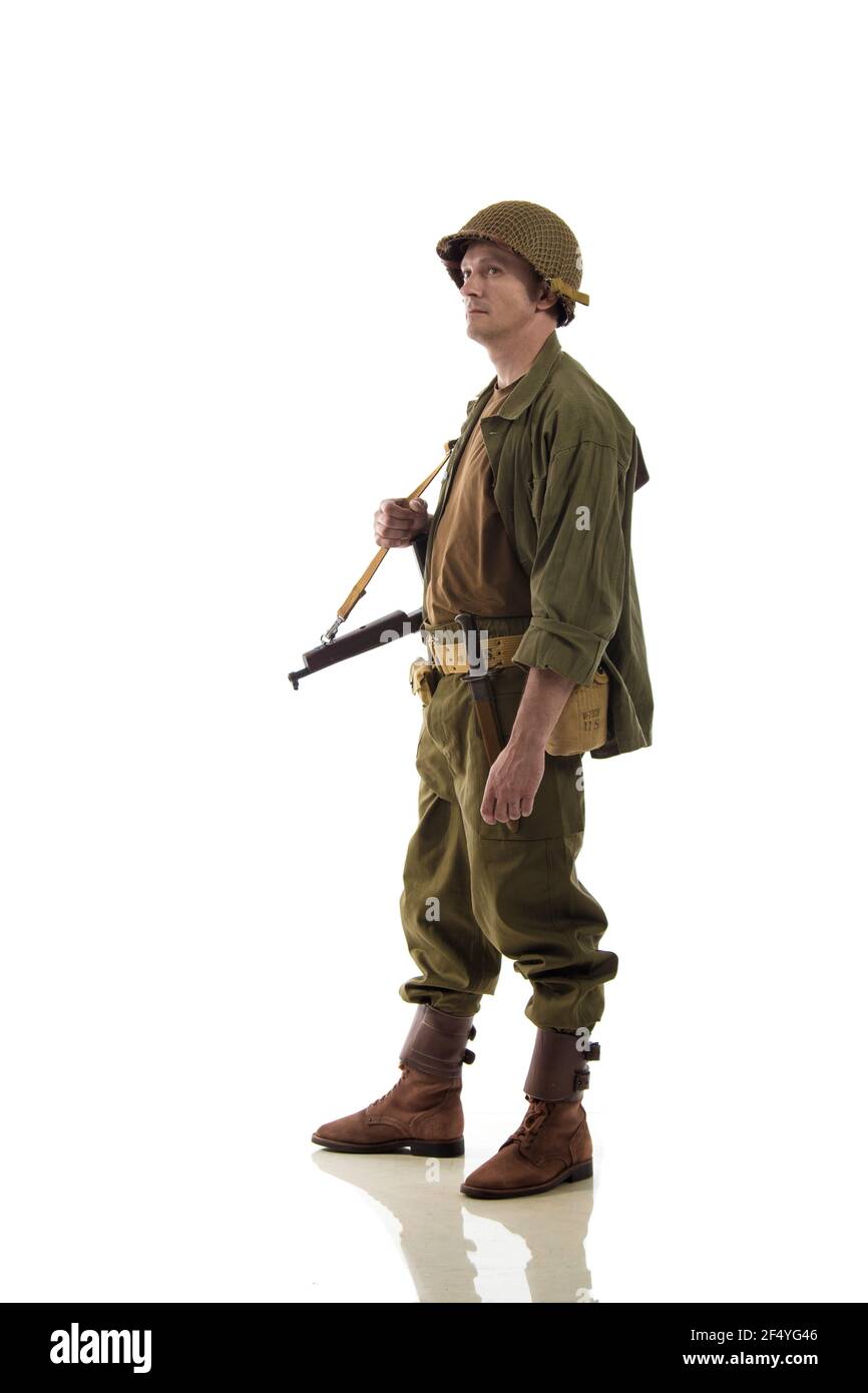 Man actor in military uniform of American ranger of World War II period ...