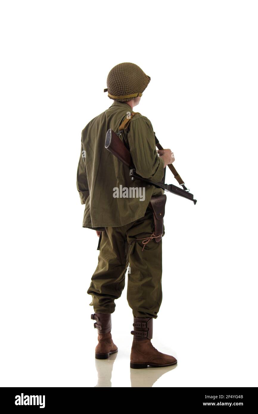 Man actor in military uniform of American ranger of World War II period ...