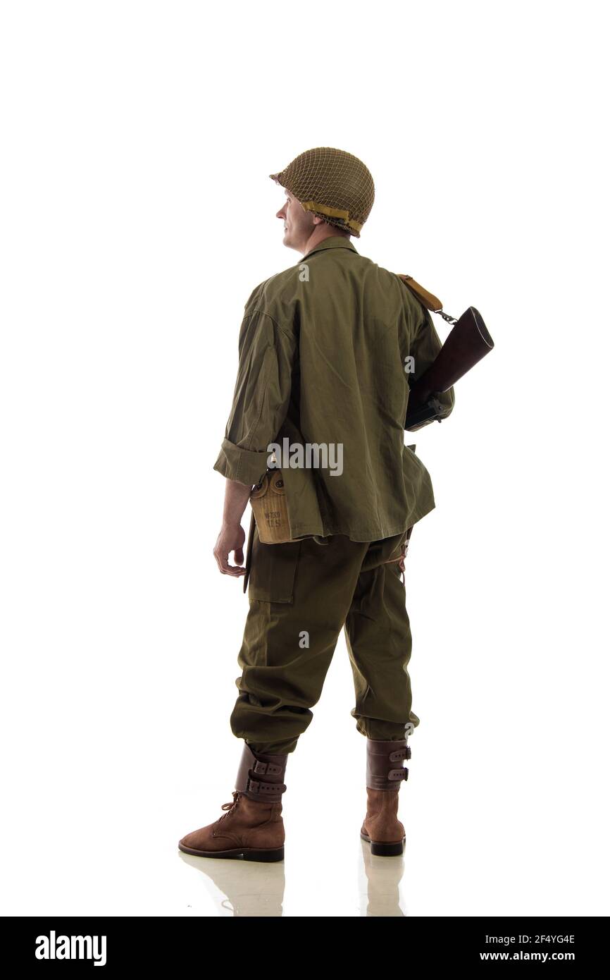 Man actor in military uniform of American ranger of World War II period ...