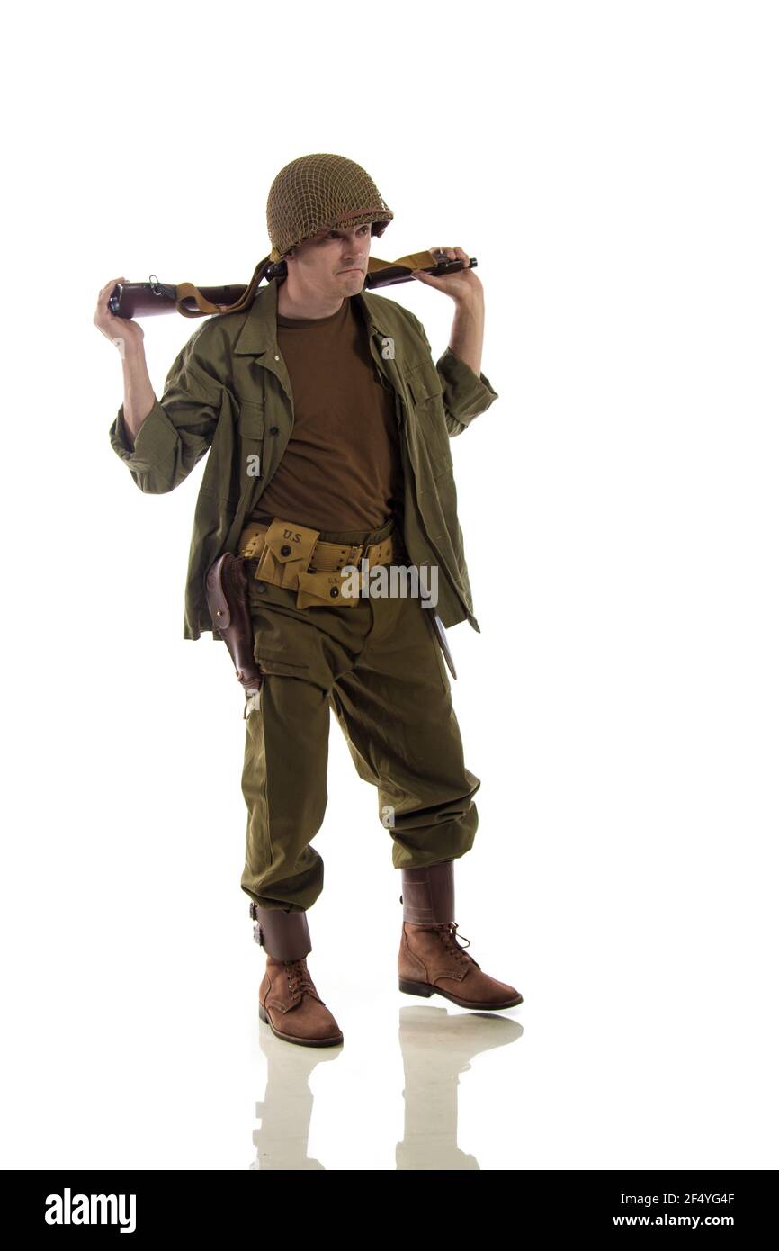 Man actor in military uniform of American ranger of World War II period ...