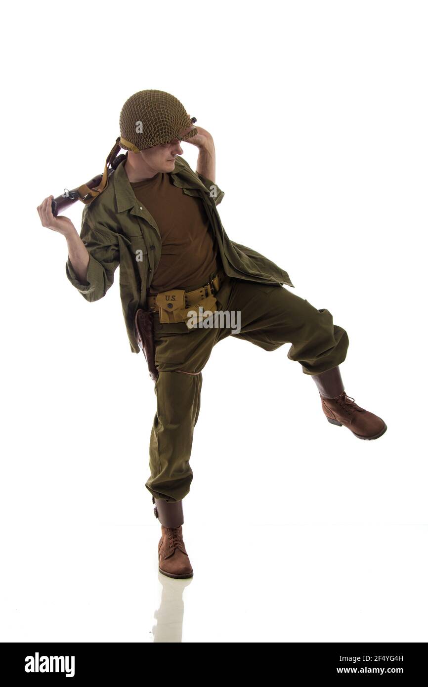 Man actor in military uniform of American ranger of World War II period ...