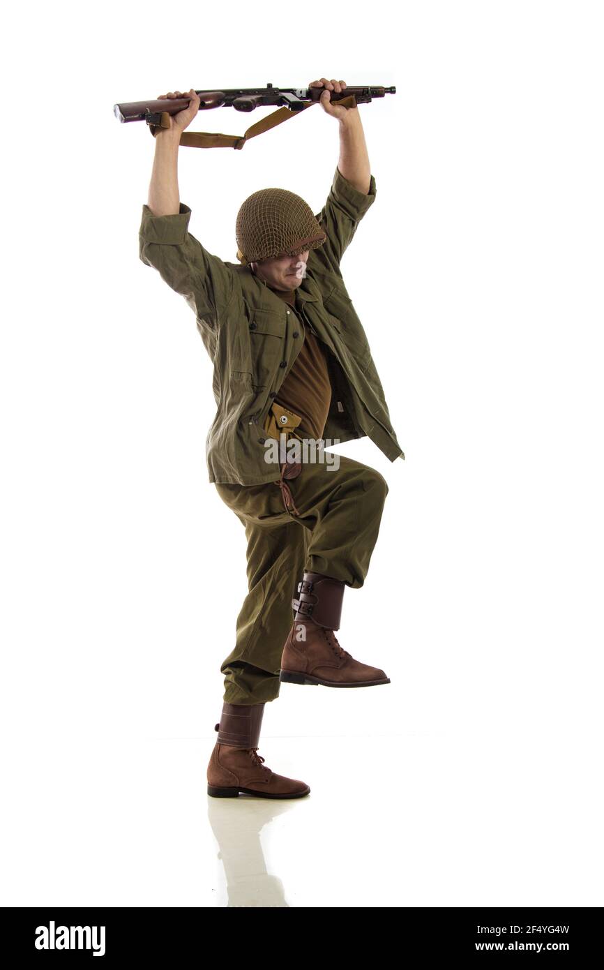 Man actor in military uniform of American ranger of World War II period ...