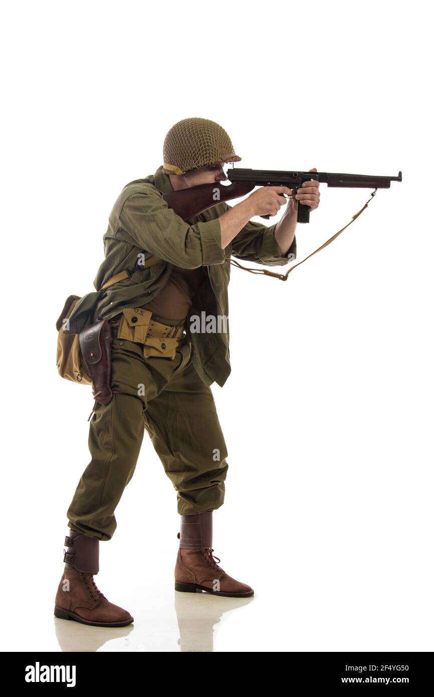 Man actor in military uniform of American ranger of World War II period ...