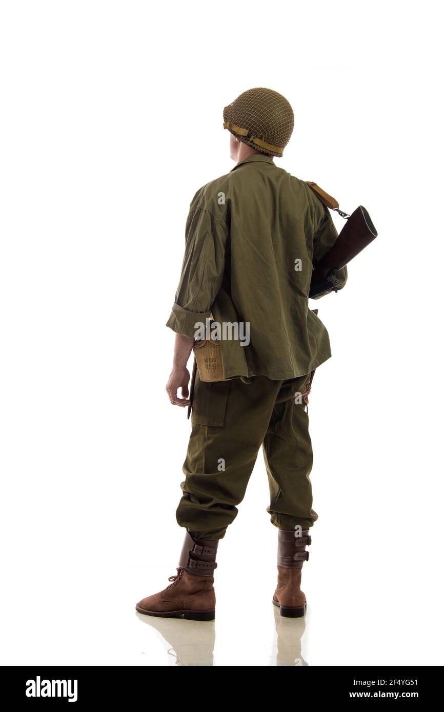 Man actor in military uniform of American ranger of World War II period ...