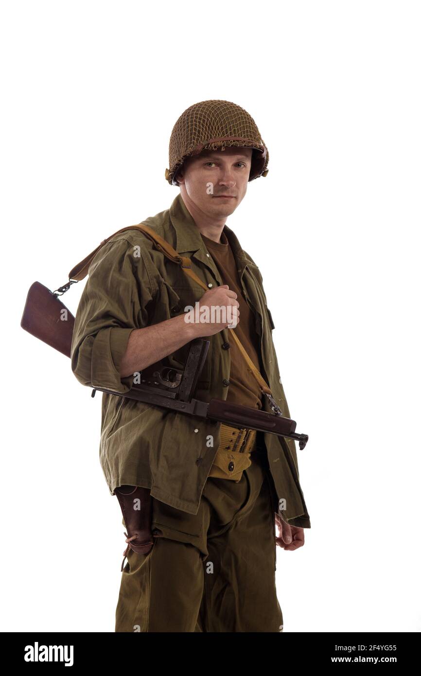 Man actor in military uniform of American ranger of World War II period ...