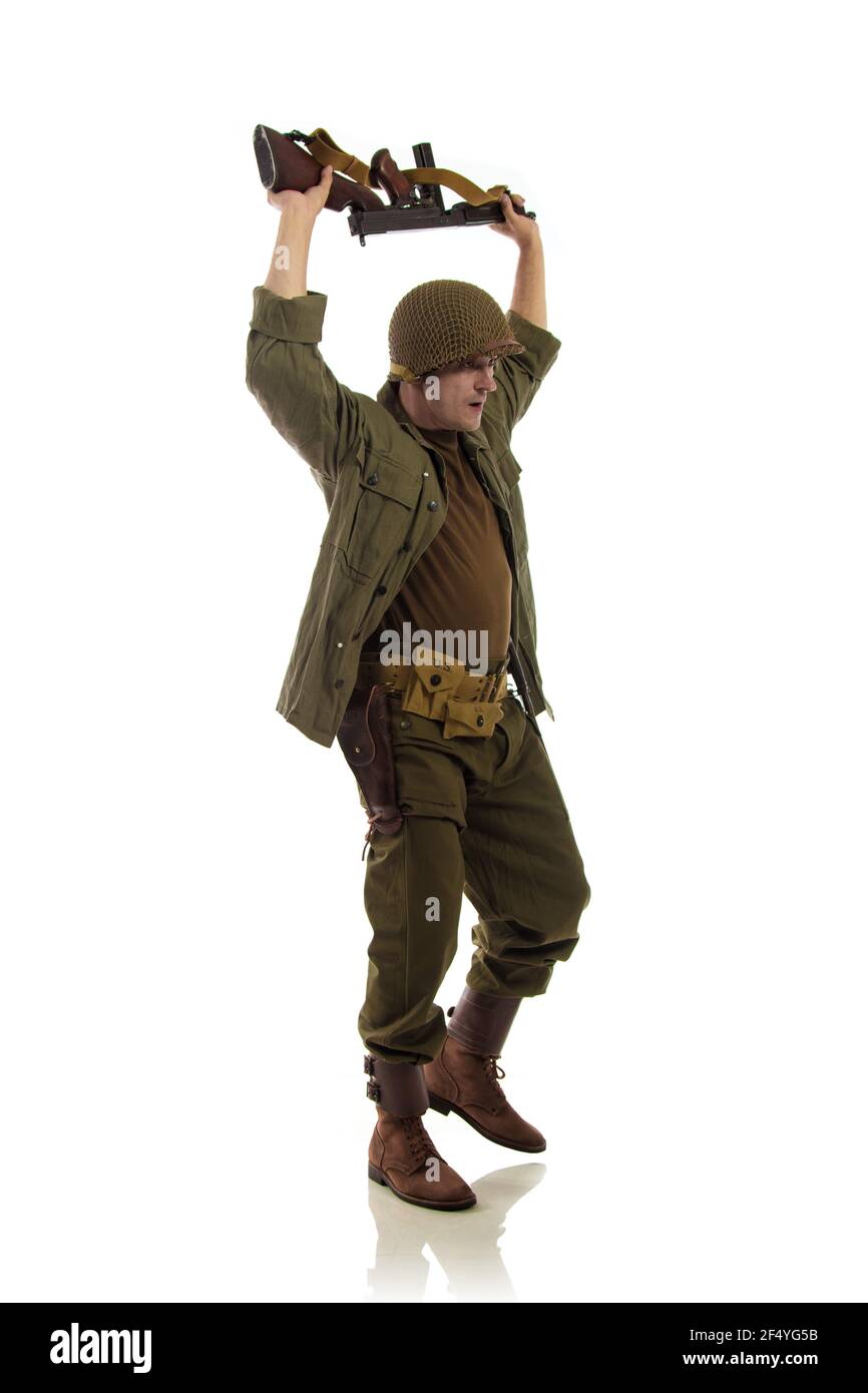 Male actor in military uniform of American ranger of World War II ...