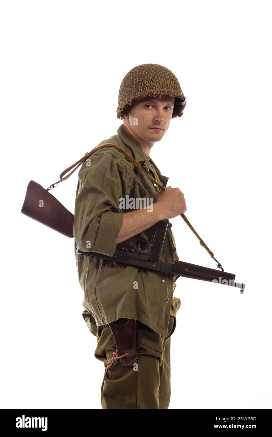 Man actor in military uniform of American ranger of World War II period ...
