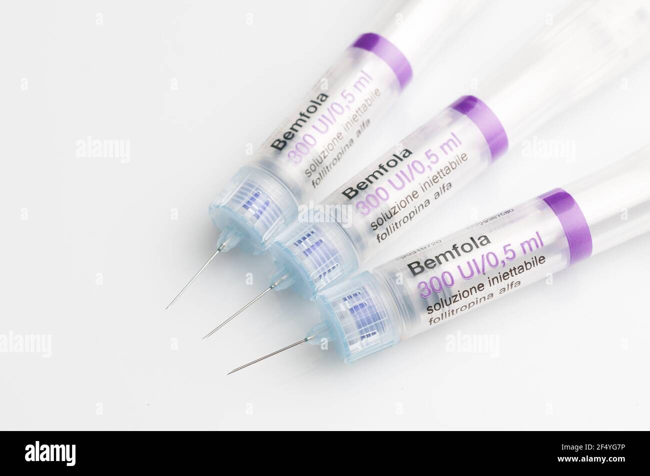Carrara, Italy - March 23, 2021 - Three syringes of Bemfola a ...