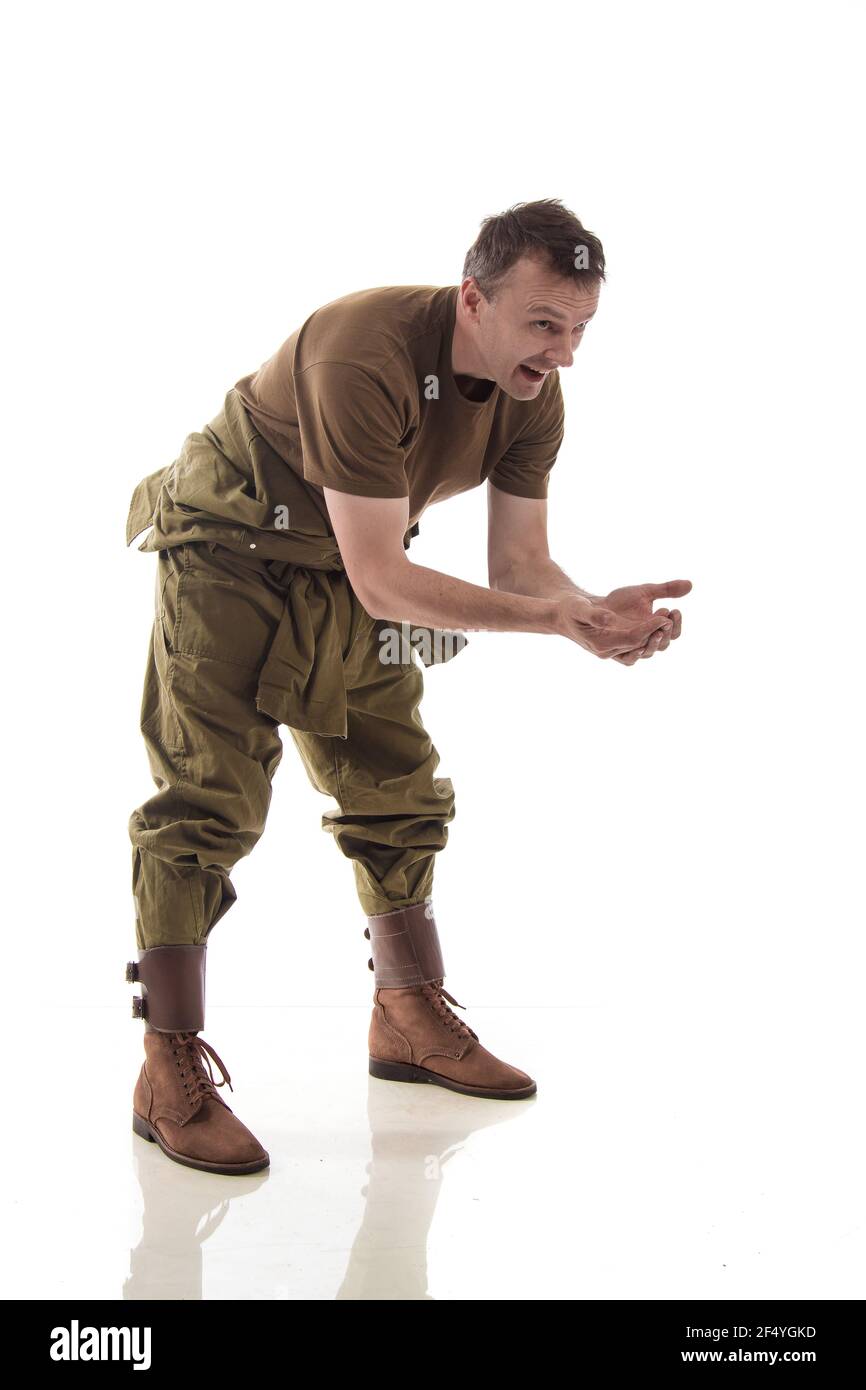 Man actor in military uniform of American tankman of World War II ...