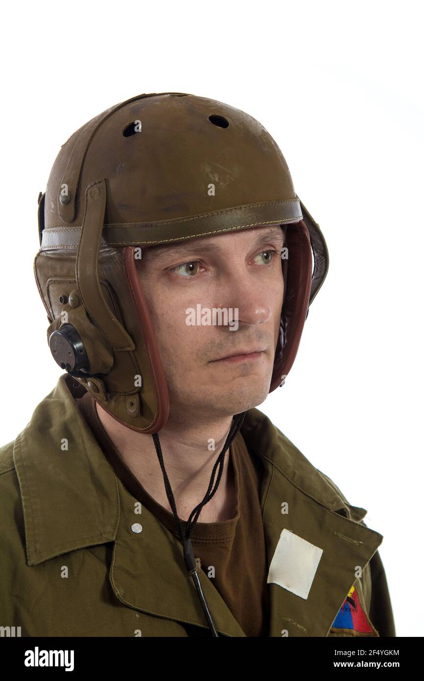 Man actor in military uniform of American tankman of World War II ...