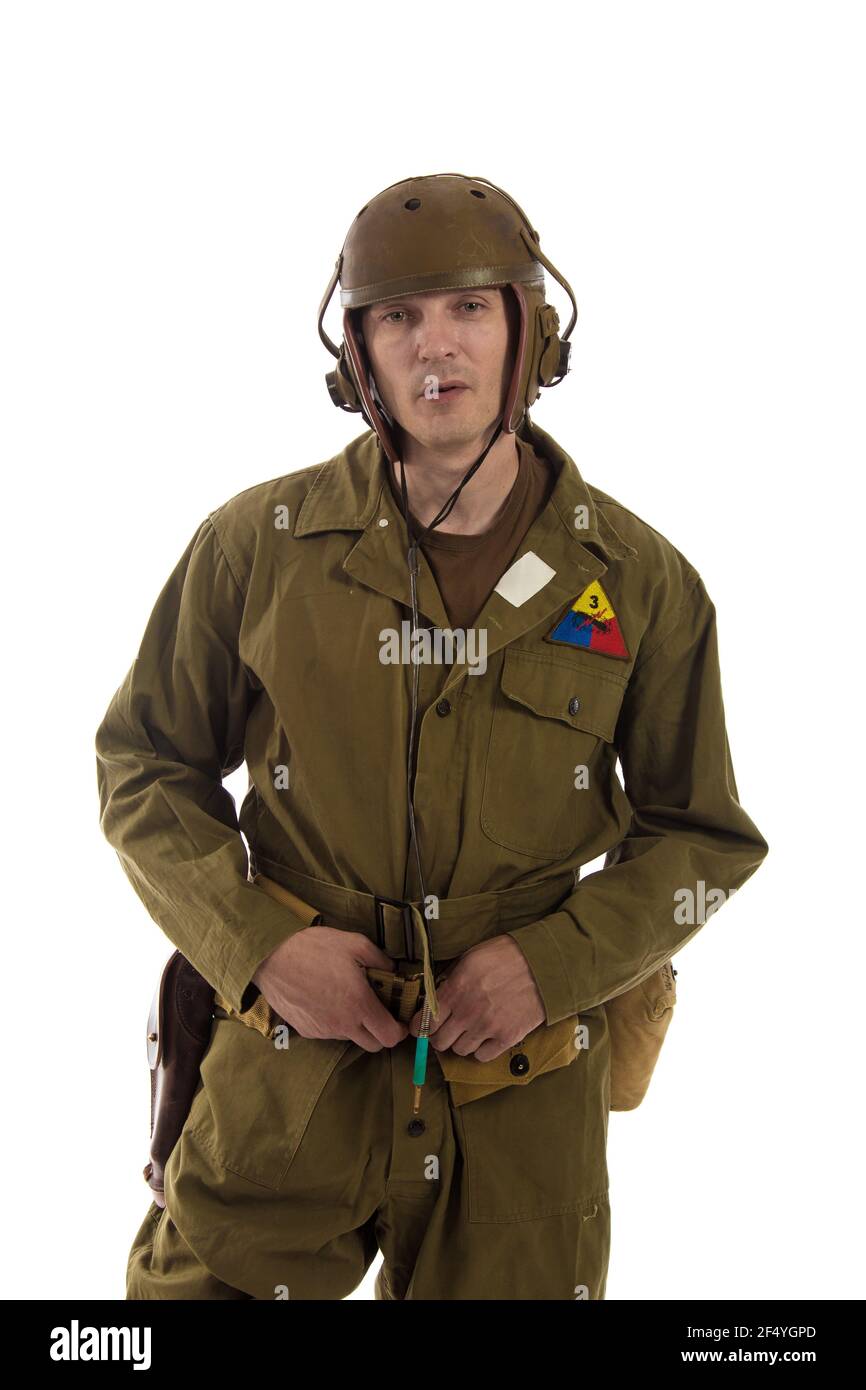 Man actor in military uniform of American tankman of World War II ...