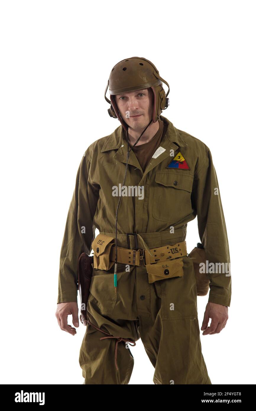 Man actor in military uniform of American tankman of World War II ...
