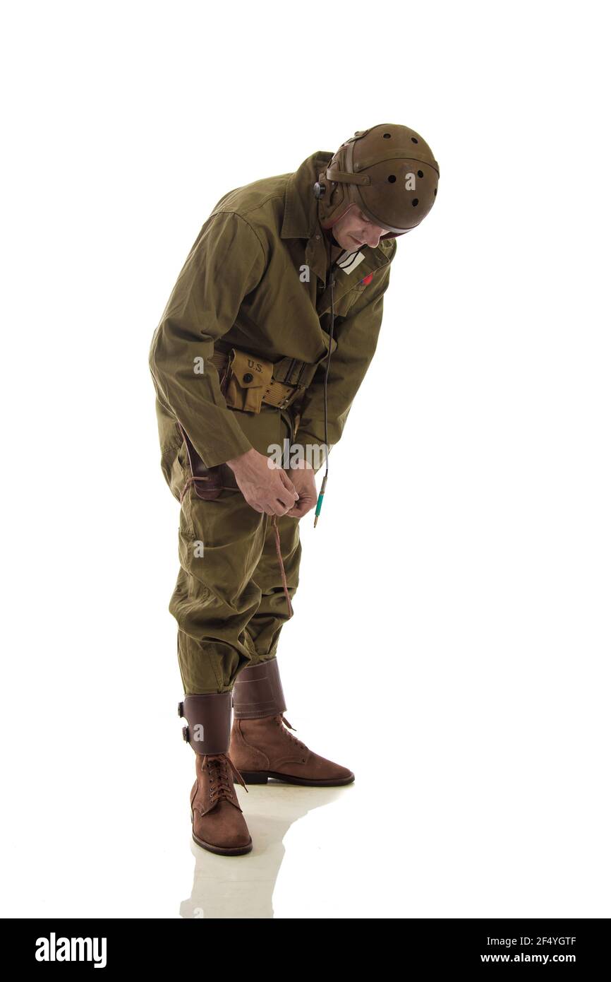Man actor in military uniform of American tankman of World War II ...