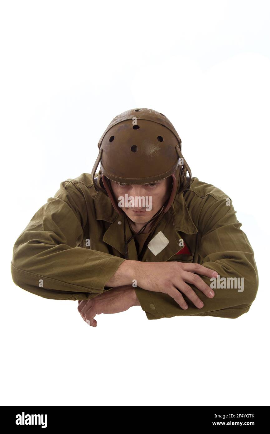 Man actor in military uniform of American tankman of World War II ...