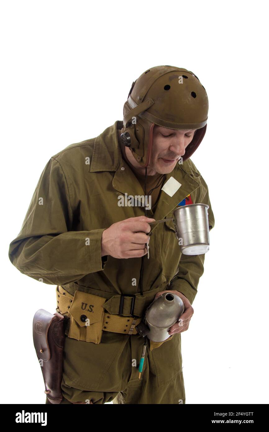 Man actor in military uniform of American tankman of World War II ...