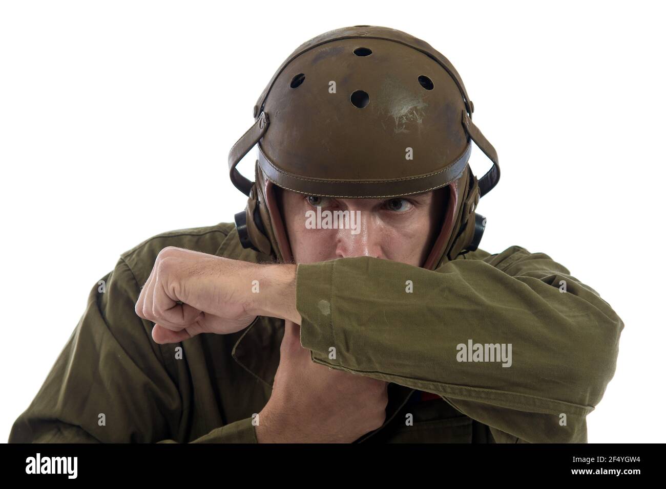Man actor in military uniform of American tankman of World War II ...