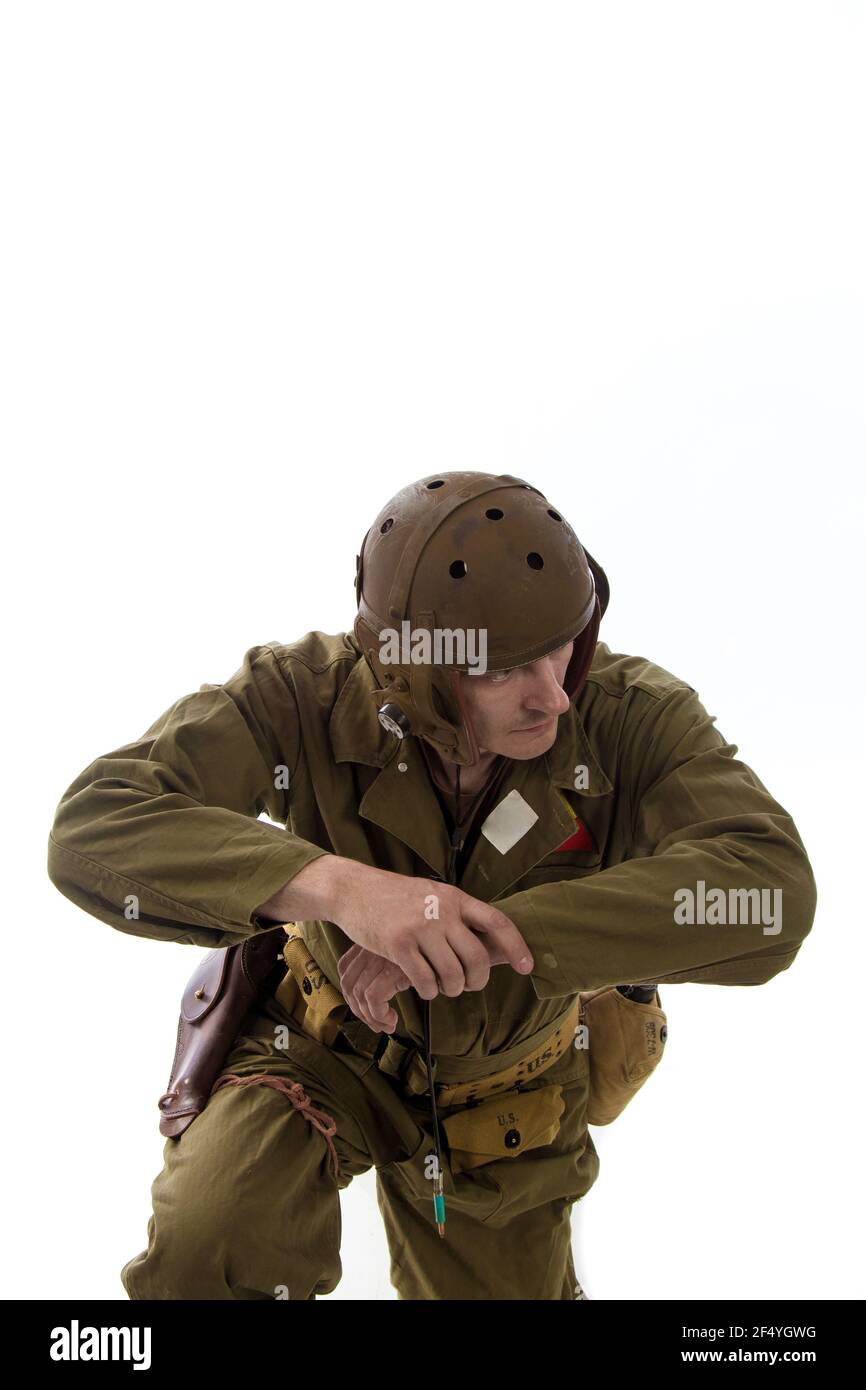 Man actor in military uniform of American tankman of World War II ...