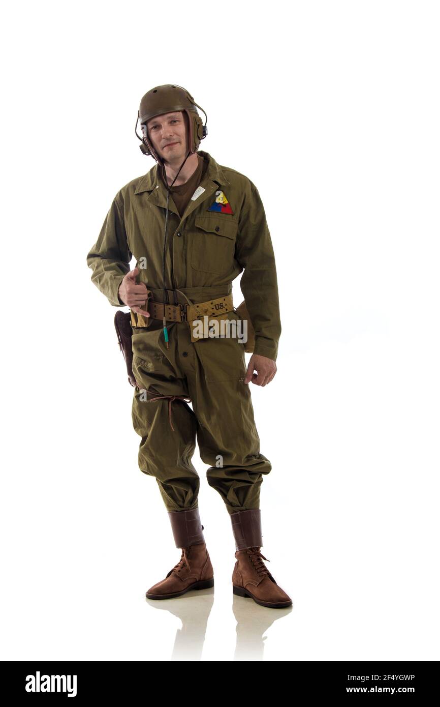 Man actor in military uniform of American tankman of World War II ...