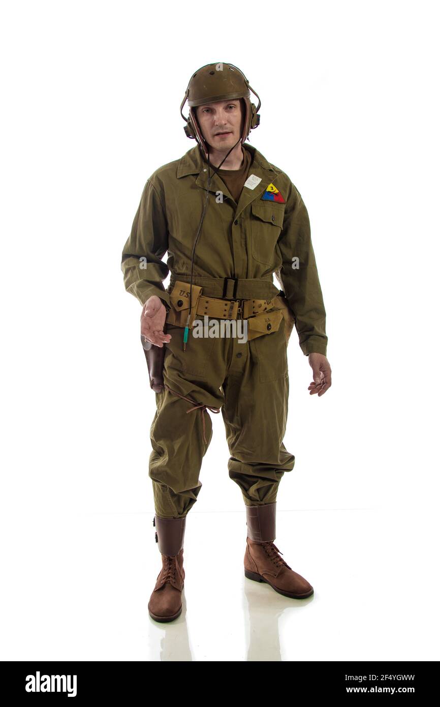 Man actor in military uniform of American tankman of World War II ...