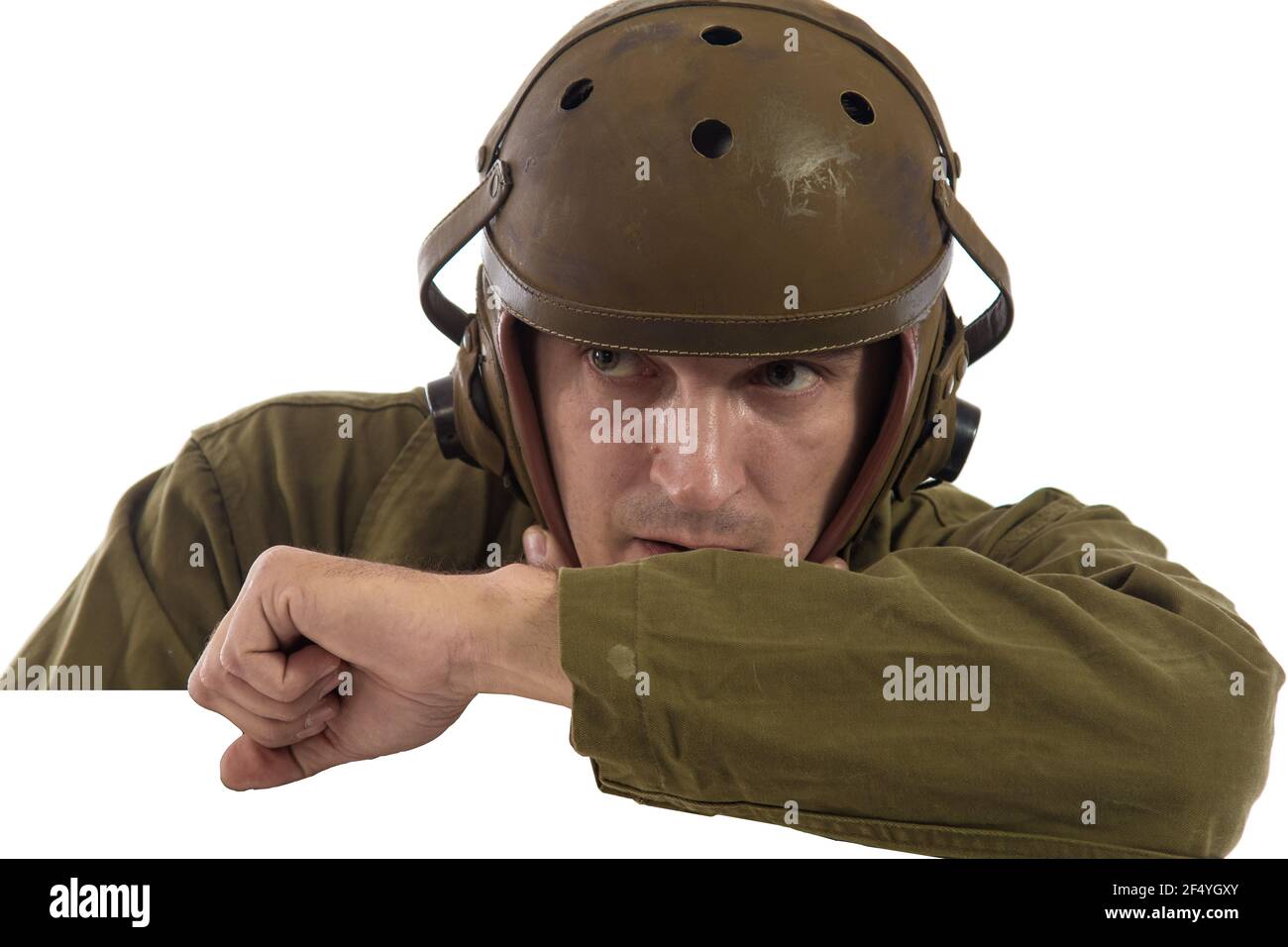 Man actor in military uniform of American tankman of World War II ...